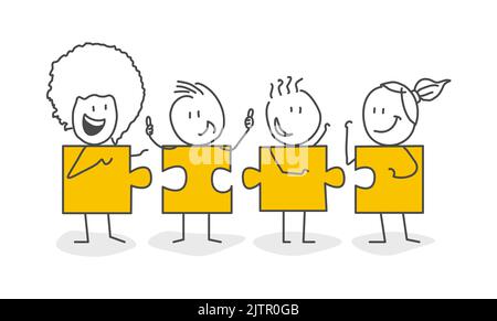 Stick figures. People connecting puzzle elements. Symbol of teamwork ...