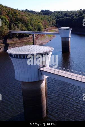 Aerial drone picture shows the low water level at the 'Barrage de la ...