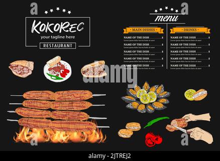 Kokorec hand drawn vector design. Fast food menu design elements ...