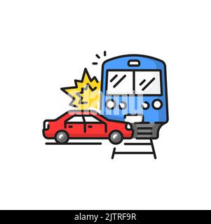 Car hit train isolated traffic accident color line icon. Collision and ...
