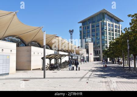 Forecourt and main entrance of the SNCF railway station at Poitiers ...