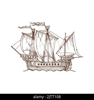 Vintage warship, sketch of sailboat with canvas, rigged caravel carrack ...