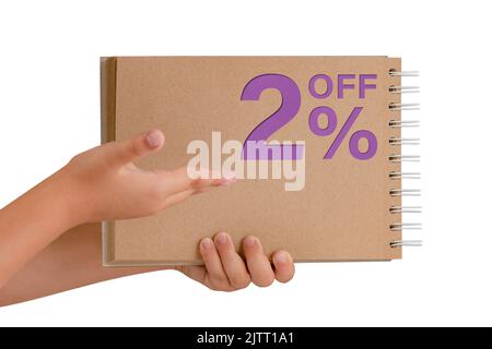 1 percent discount on isolate. Notepad from recycled paper in the hands ...