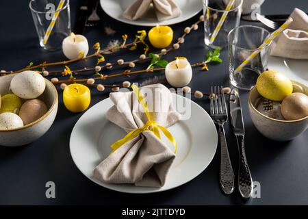 close up of easter table serving over black Stock Photo - Alamy