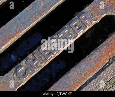 Cast iron grid, embossed with Chester Stock Photo - Alamy