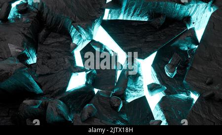exploding fracturing rough ground with glowing blue lights with stone ...