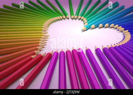 Colored pencils formed into a heart shape on a white background. 3d ...