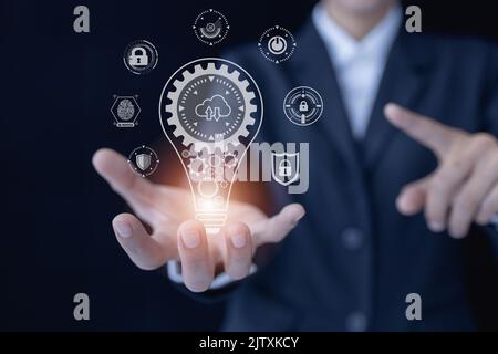 Cloud computing diagram show on virtual screen. Cloud syncing ...
