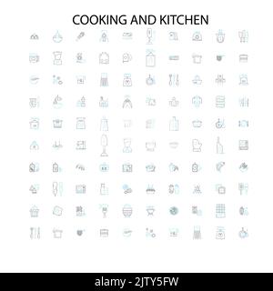 Cooking and kitchen linear icons set. Whisk, Grate, Bake, Saute, Simmer ...