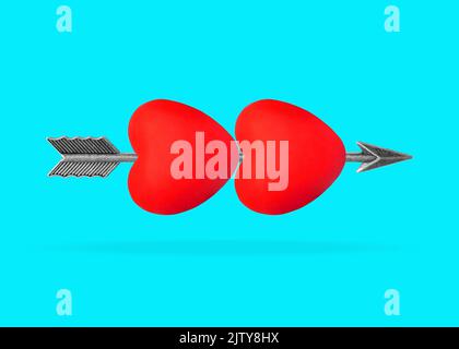 Feathered arrow passing through two red hearts isolated on yellow ...