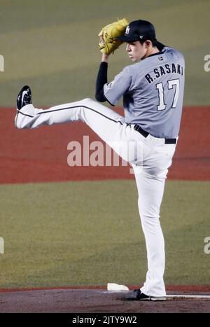 Roki Sasaki of Chiba Lotte Marines reacts during a Pacific League baseball game of Nippon ...