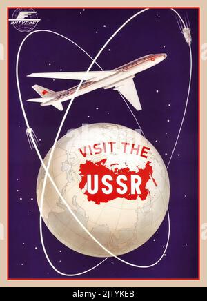 Soviet Russian 1950s USSR Space Propaganda poster illustrating space ...