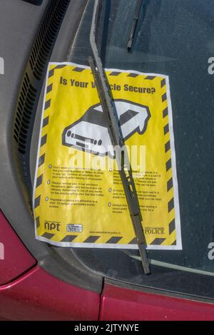 'Is Your Vehicle Secure?' poster on a car windscreen, placed by the ...