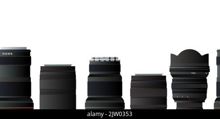 Set of lenses for camera. Various sizes and focal lengths. Optical device. Shooting equipment ...