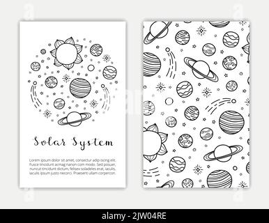 Card templates with doodle outline fantastic space planets. Used ...