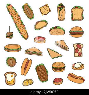 Different hand drawn colored sandwiches and burgers composed in circle ...
