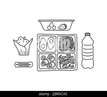 Hand drawn outline packed lunch boxes composed in circle shape Stock ...