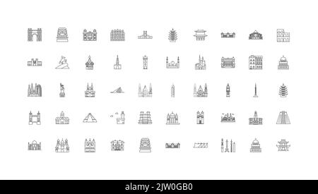 Famous landmarks line icons signs set. Design collection of Monument ...