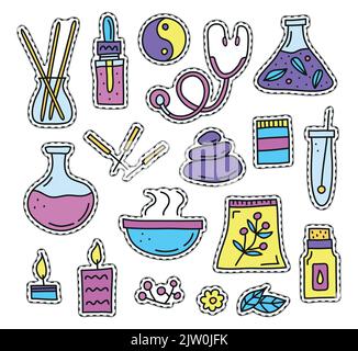 Doodle colored alternative medicine and ayurveda icons composed in ...