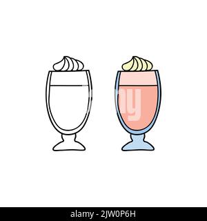 Doodle outline and colored milkshake with cream in glass isolated on ...