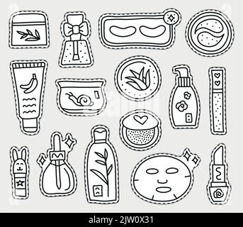 Set of doodle uncolored stickers or patches with sushi and rolls ...