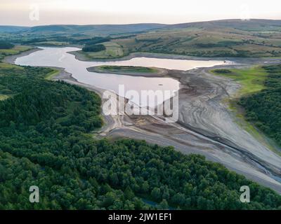 Drought conditions are shown through drone shots of Stocks Reservoir ...