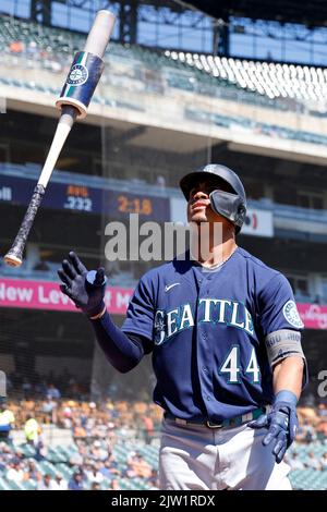 Seattle Mariners' Julio Rodriguez tosses his bat after drawing a walk ...
