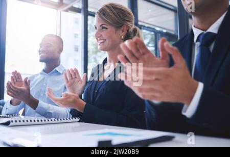 Clapping, workshop and teamwork business meeting with happy marketing ...