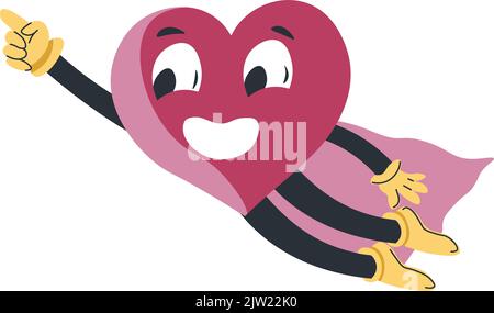 Heart character wearing hero robe or mantle and flying. Isolated ...