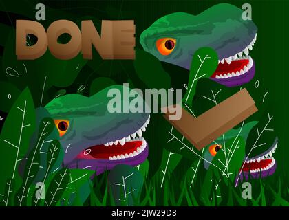 Dinosaur with speech bubble saying Done word. Tyrannosaurus Rex with ...