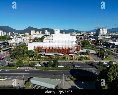 Aerial photo of Preforming arts centre with mountains and bue sky ...