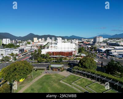 Aerial photo of Preforming arts centre with mountains and bue sky ...