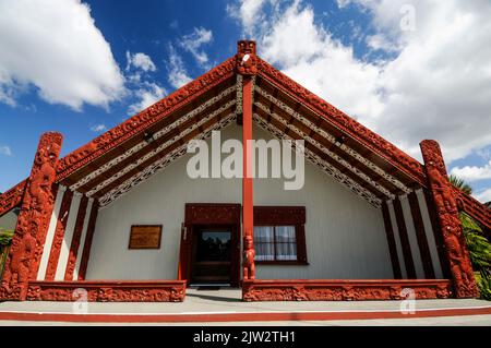 The reconstruction of an archway leading to the Wharenui (Maori Meeting ...