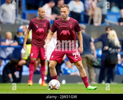 Liverpool, UK. 3rd September 2022. Neal Maupay of Everton stretches ...