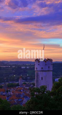The Mehlsack tower in Ravensburg against a blue cloudy sky on a sunny ...