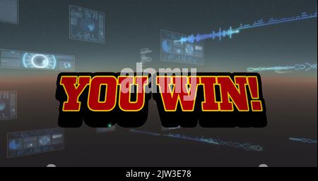 Image of you win text and data processing on black background Stock ...