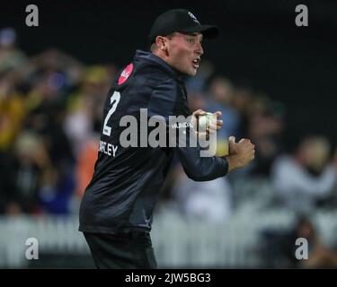 Manchester Originals' Tom Hartley celebrates after taking the catch of ...