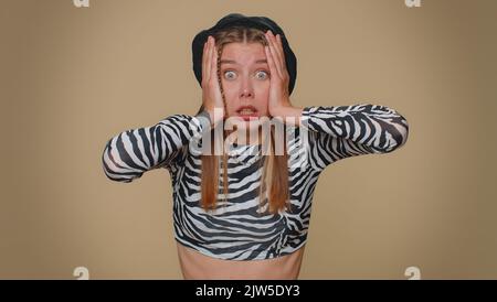 Young woman scared fearful, meeting her own phobia, evidence horror ...