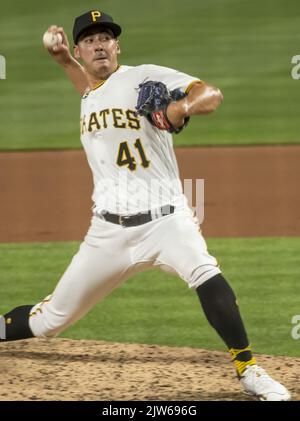 Pittsburgh Pirates relief pitcher Robert Stephenson (41) greets catcher ...