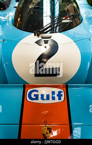 Classic Gulf-liveried racing car number 2 in distinctive blue and ...