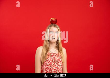 Portrait of clever creative girl look interested empty space hesitate ...