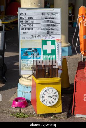 A lifeguard station with tidal information and first aid equipment on ...