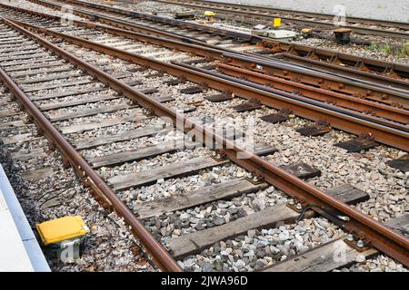 Railway tracks. Flat bottom steel rails supported on timber with ...