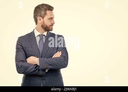 Serious confident man boss keep arms crossed in formal suit ...