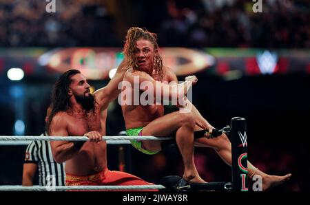 September 3, 2022: Riddle v Seth 'Freakin' Rollins during WWE Clash at the Castle, Cardiff 2022 ...