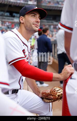 Atlanta Braves' Matt Olson looks on during a baseball game against the ...
