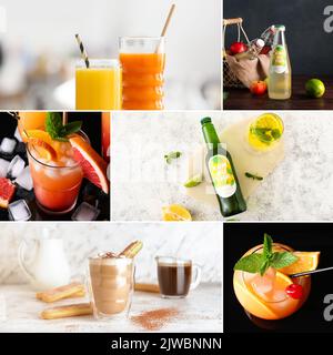 Set with different refreshing summer beverages on white background ...