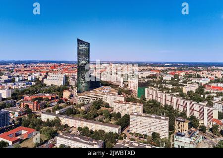 Drone flight over Wroclaw cityscape with Sky Tower skyscraper. Aerial ...