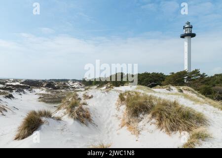 dune and white sands with lighthouse, Dueodde, isle of Bornholm Denmark ...