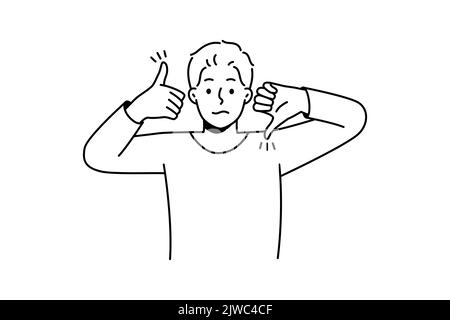 Frustrated man show like and dislike hand gestures demonstrate client ...